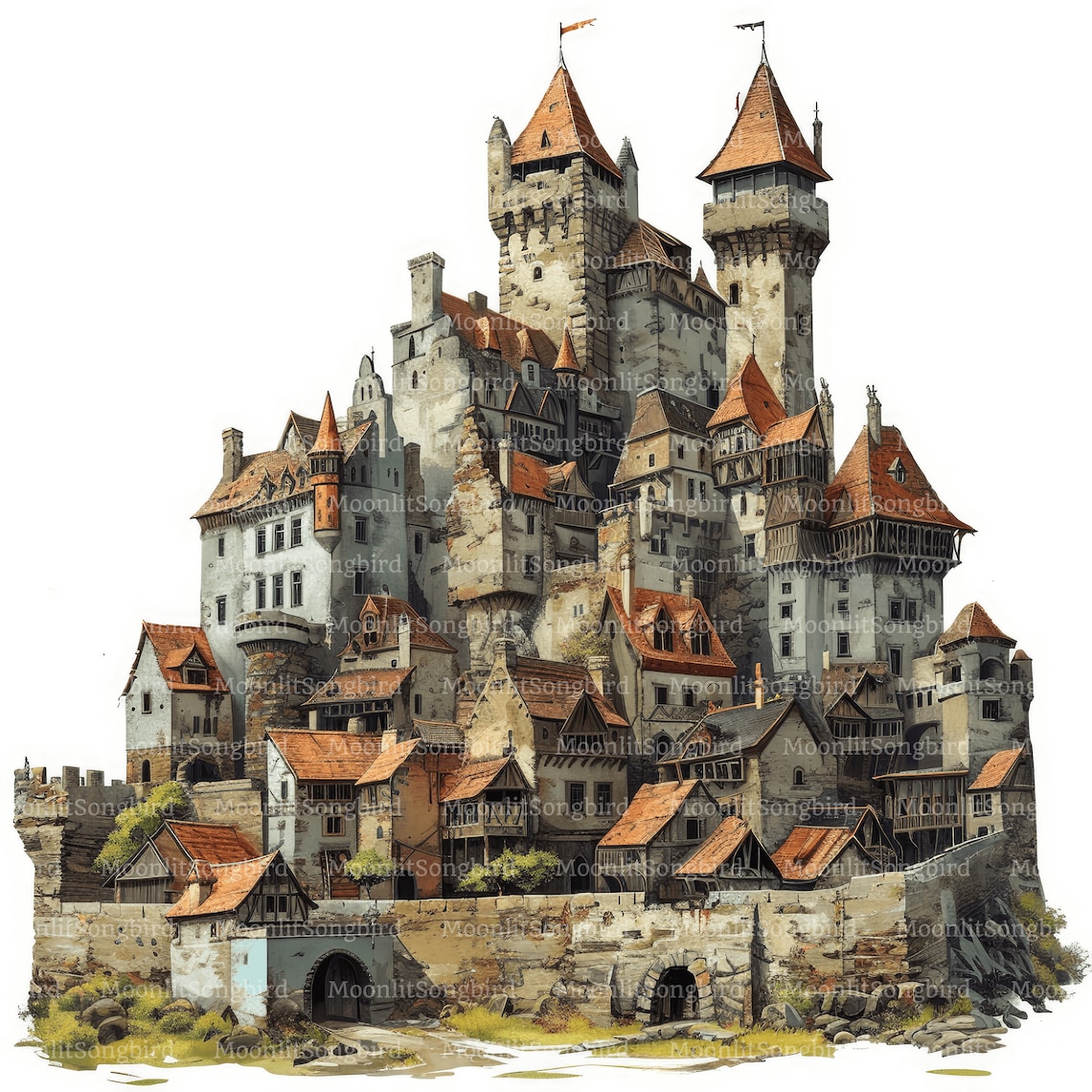 18 Medieval Walled Town Clipart, Digital Download, Printable Watercolor ...