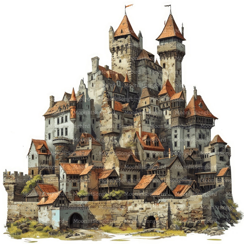 18 Medieval Walled Town Clipart, Digital Download, Printable Watercolor ...