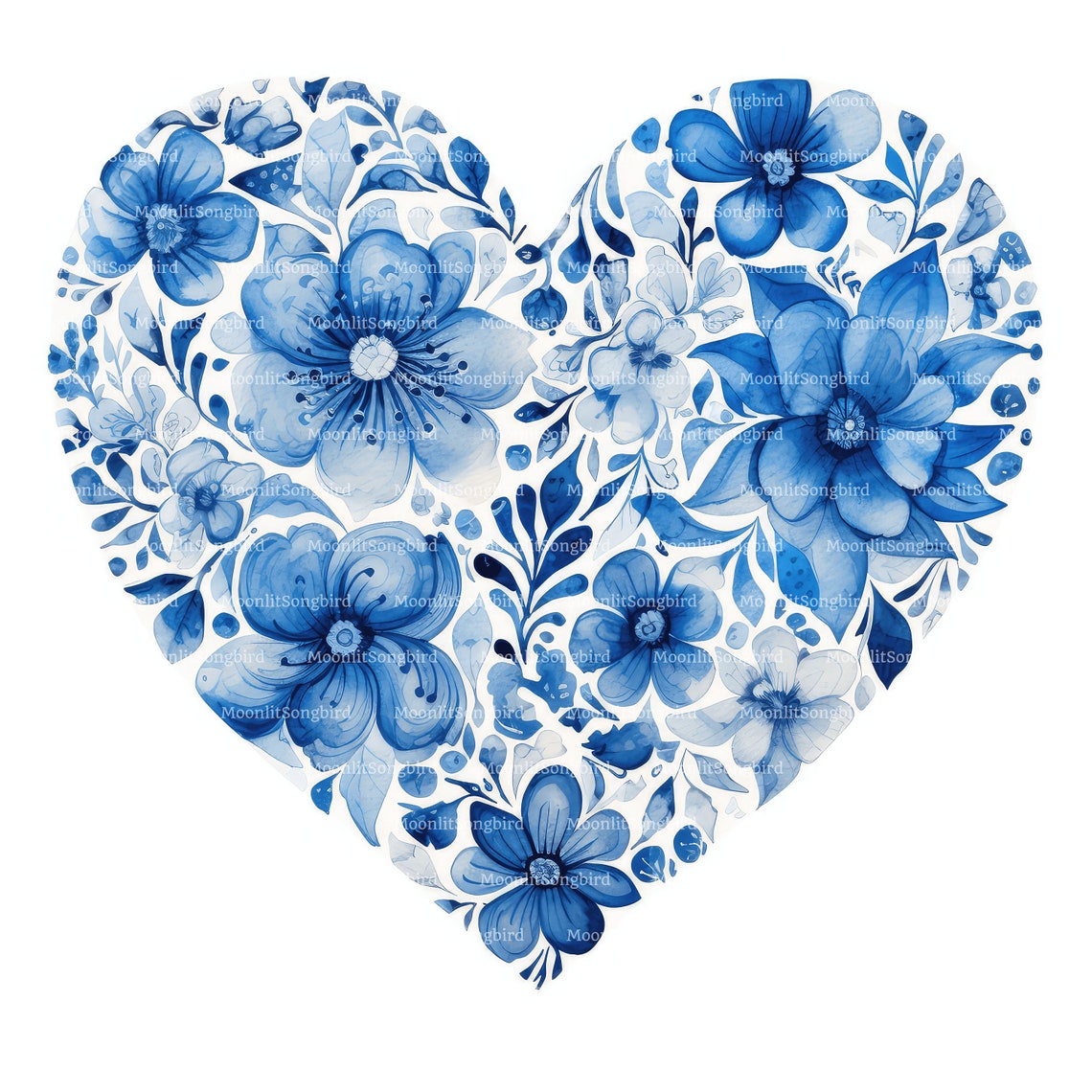 16 Blue Floral Hearts Clipart, Digital Download, Printable Watercolor ...