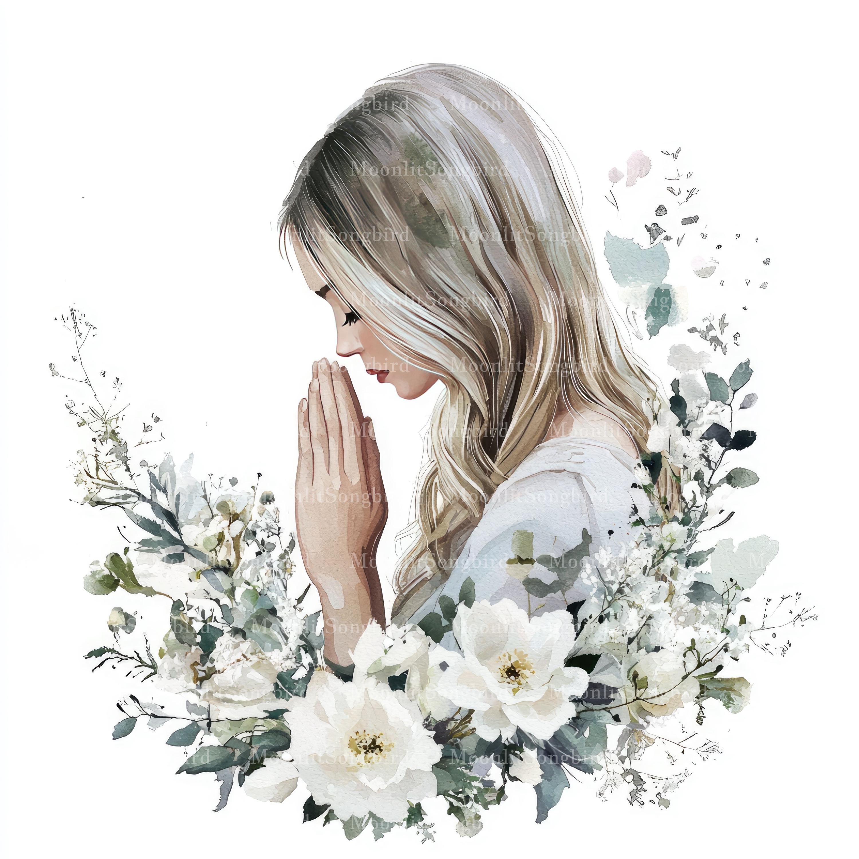 10 Praying Woman and White Flowers Clipart, Digital Download, JPG ...