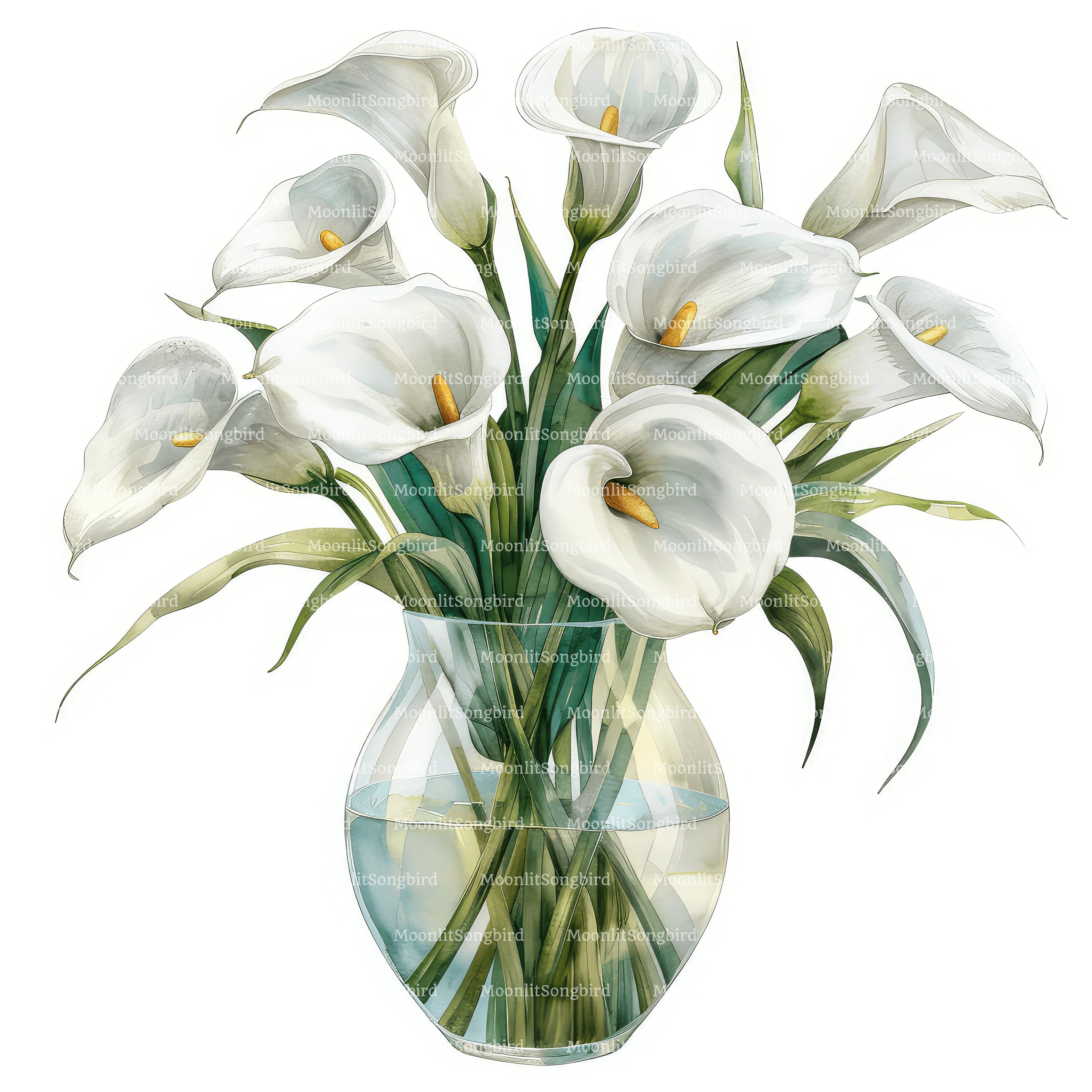 16 Calla Lilies in Vase Clipart, Digital Download, Printable Watercolor ...