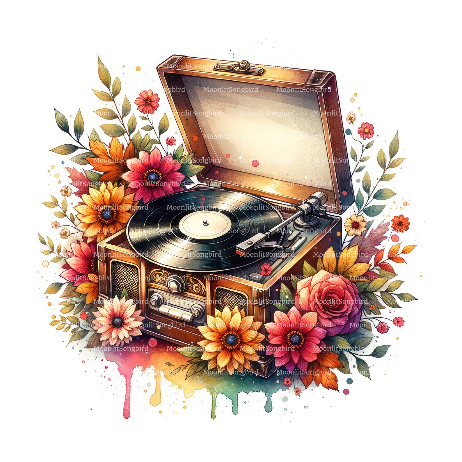 10 Floral Vintage Record Players Clipart, Digital Download, Printable ...