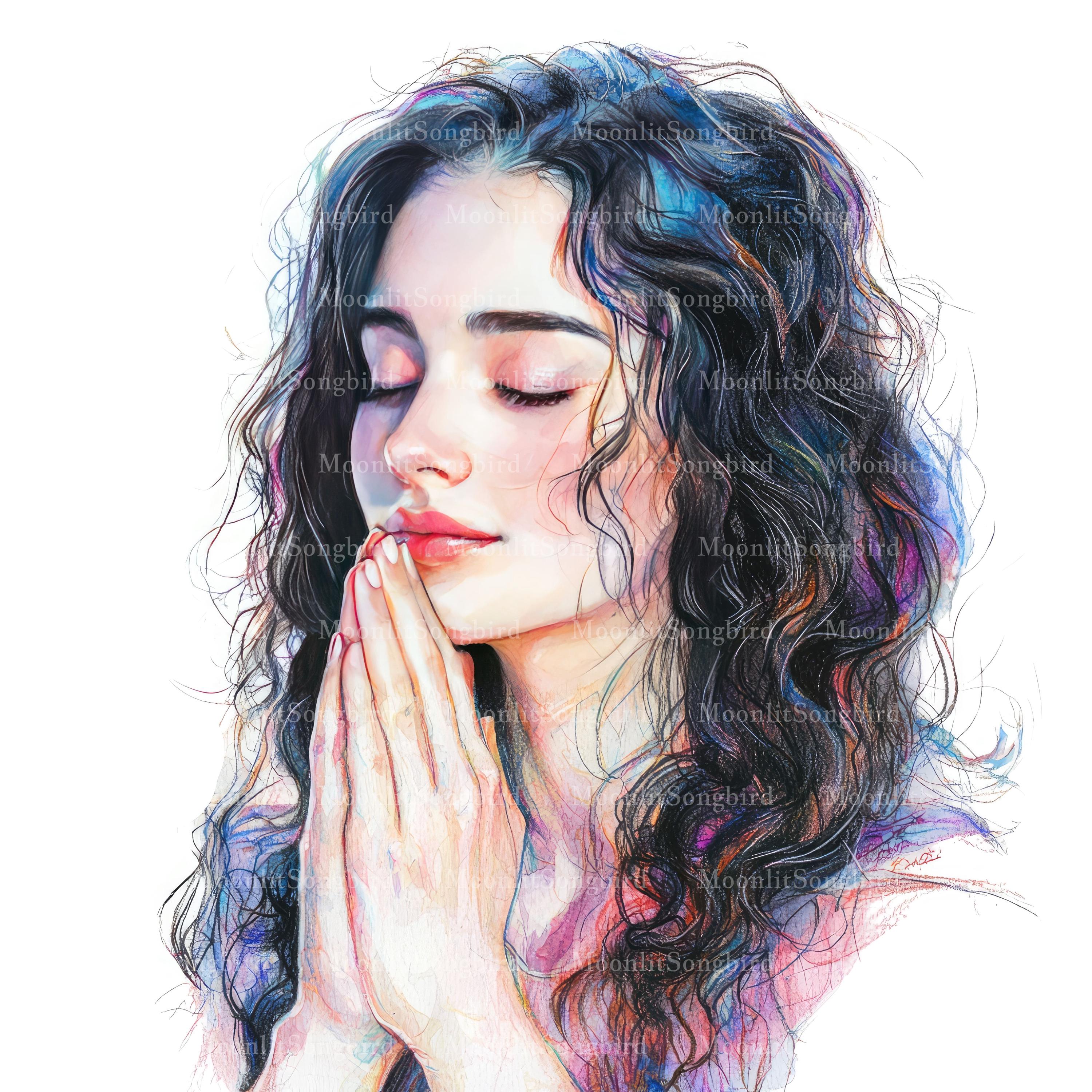14 Woman With Curly Hair Praying Clipart, Digital Download, JPG ...