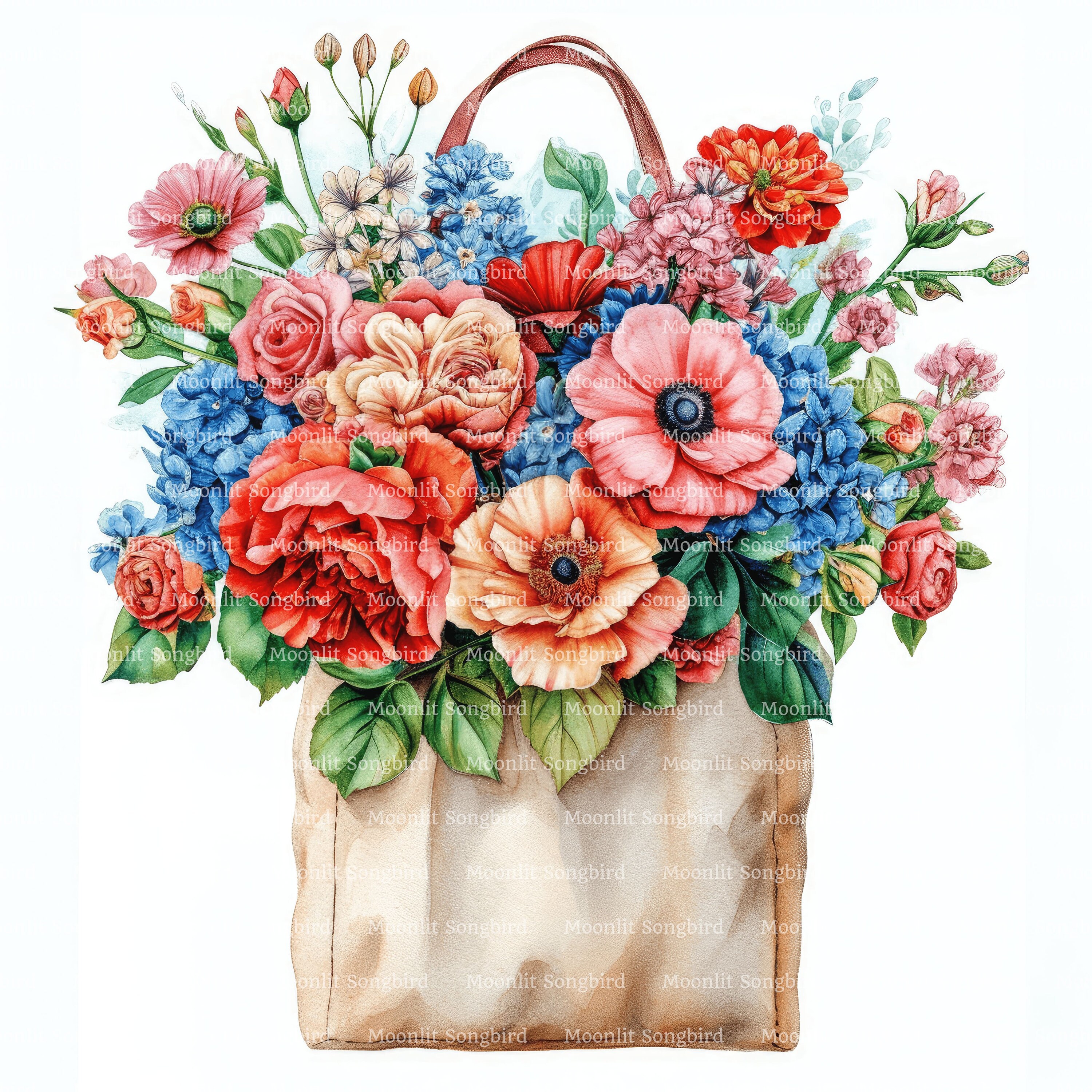 12 Flowers in Tote Bag Clipart, Digital Download, Printable Watercolor ...