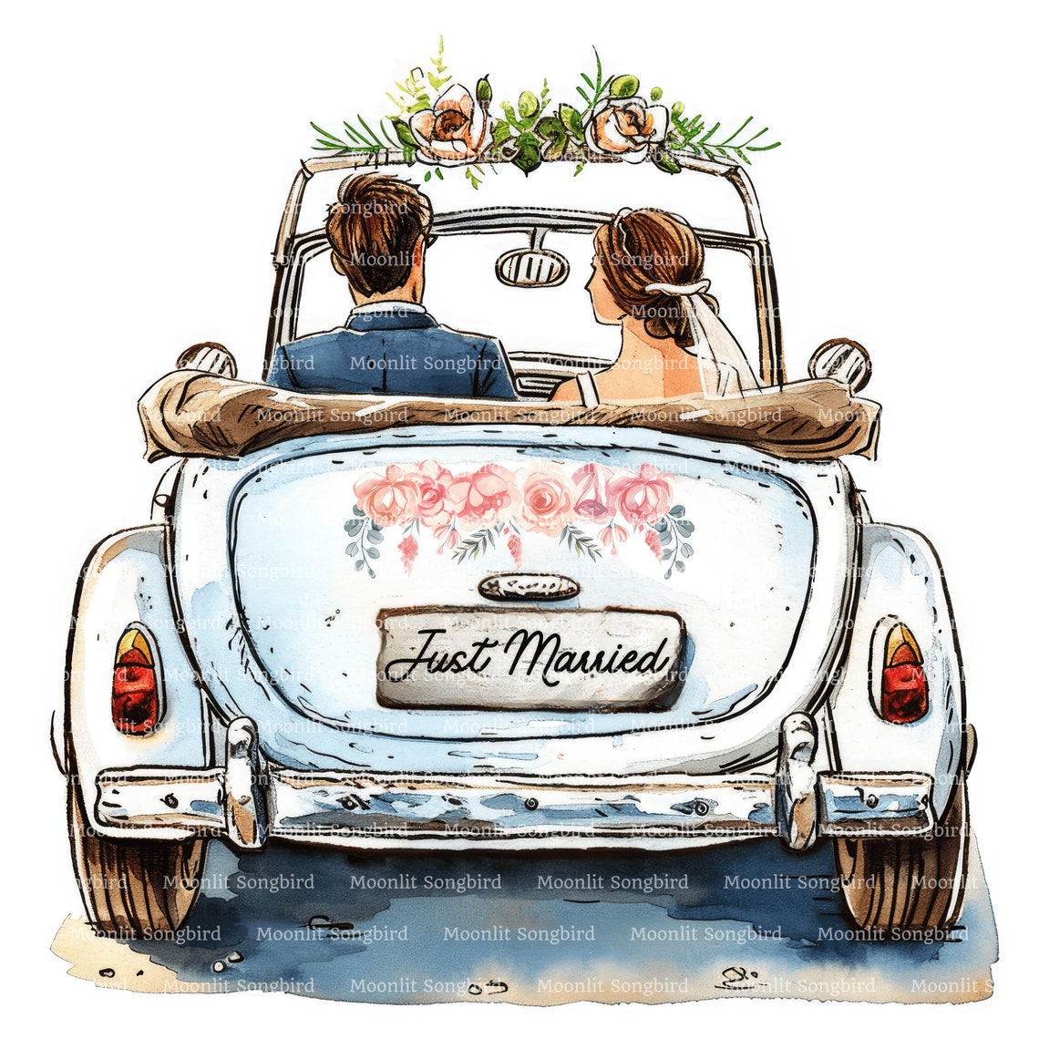 14 Just Married Car Clipart, Bride and Groom, Wedding Day, Love ...