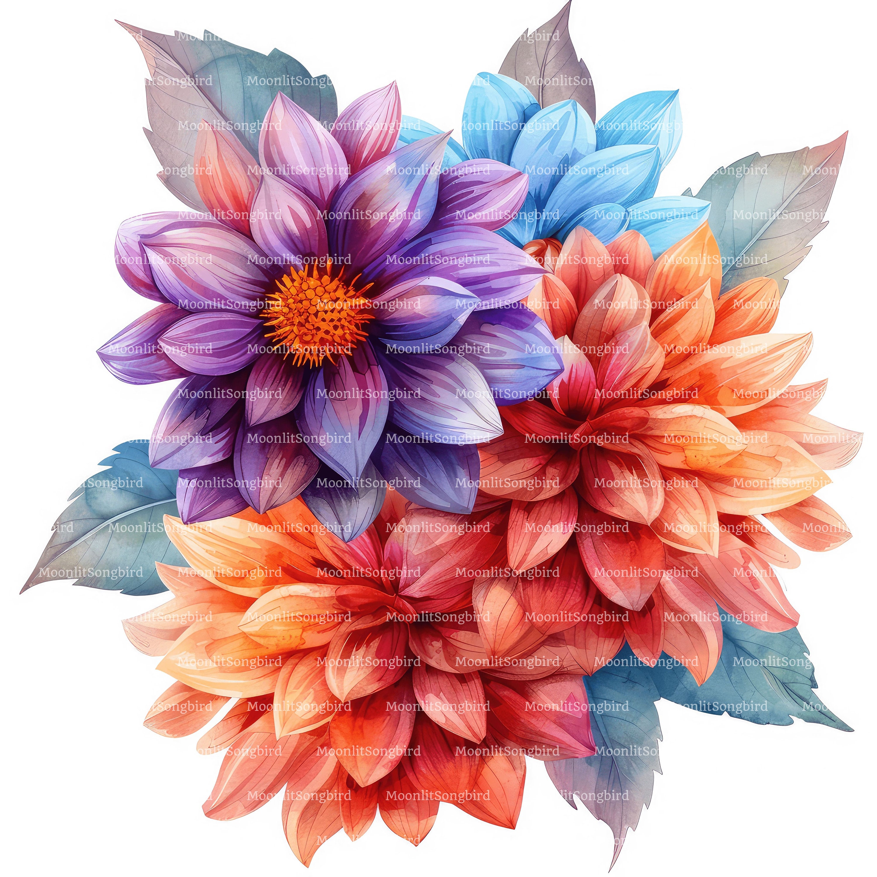 10 Dahlia Bouquets Clipart, Digital Download, Printable Watercolor ...