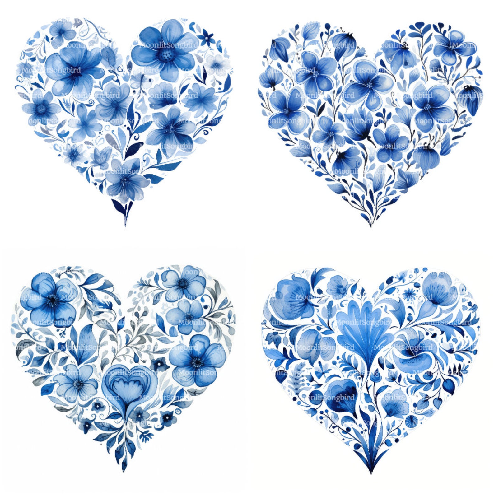 16 Blue Floral Hearts Clipart, Digital Download, Printable Watercolor ...