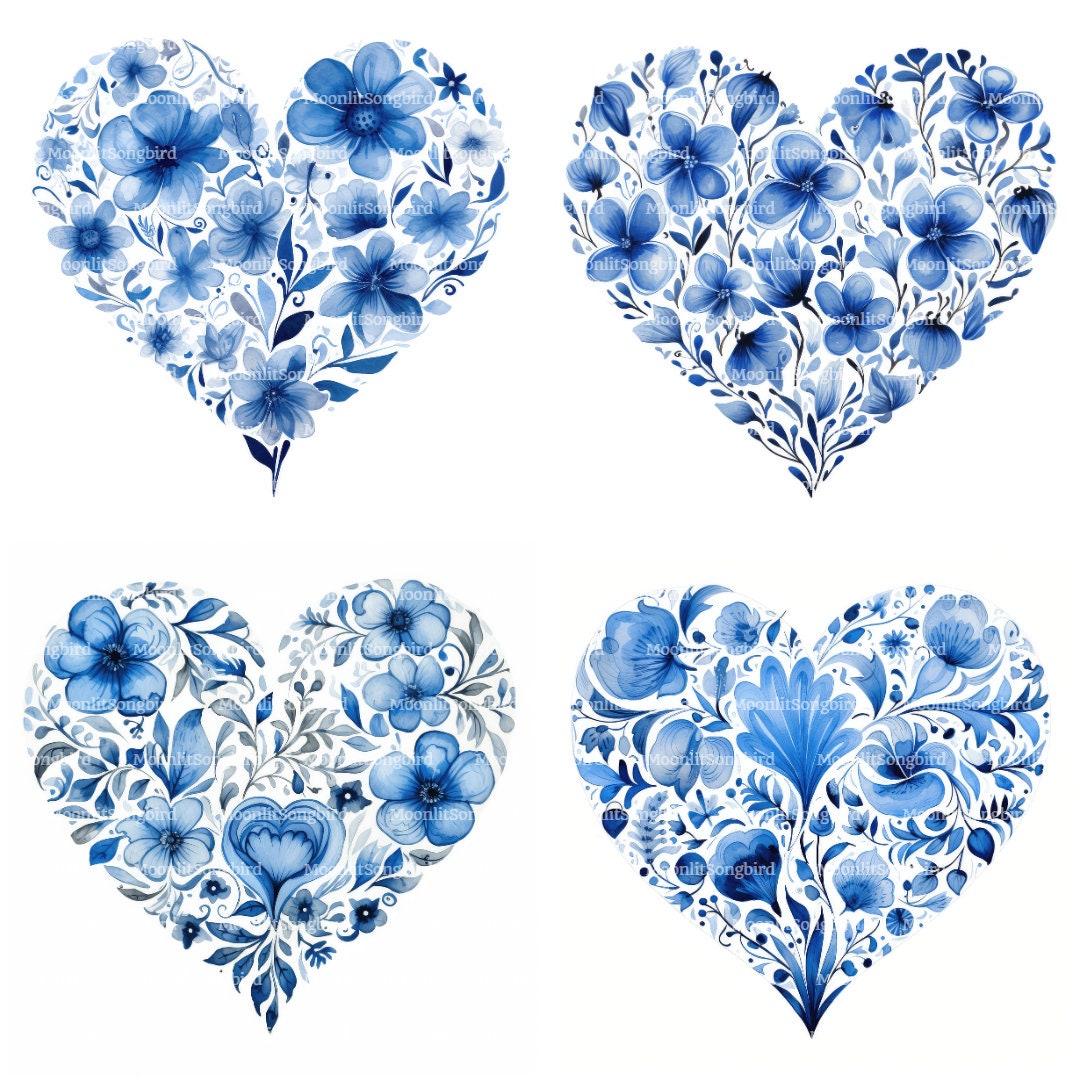 16 Blue Floral Hearts Clipart, Digital Download, Printable Watercolor ...