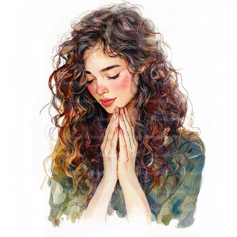 14 Woman With Curly Hair Praying Clipart, Digital Download, JPG ...