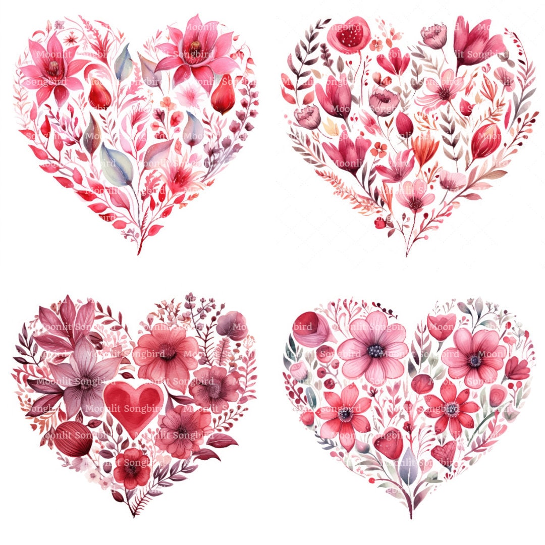 12 Floral Heart Clipart, Digital Download, Printable Watercolor Clipart ...