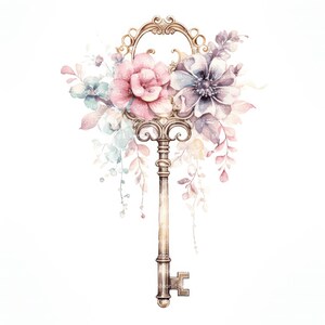 15 Vintage Key With Flowers Clipart, Digital Download, Printable ...