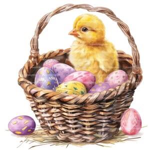 11 Easter Basket With Chick and Eggs Clipart, Digital Download ...