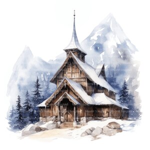 10 Snowy Wooden Stave Church Clipart, Digital Download, Printable ...