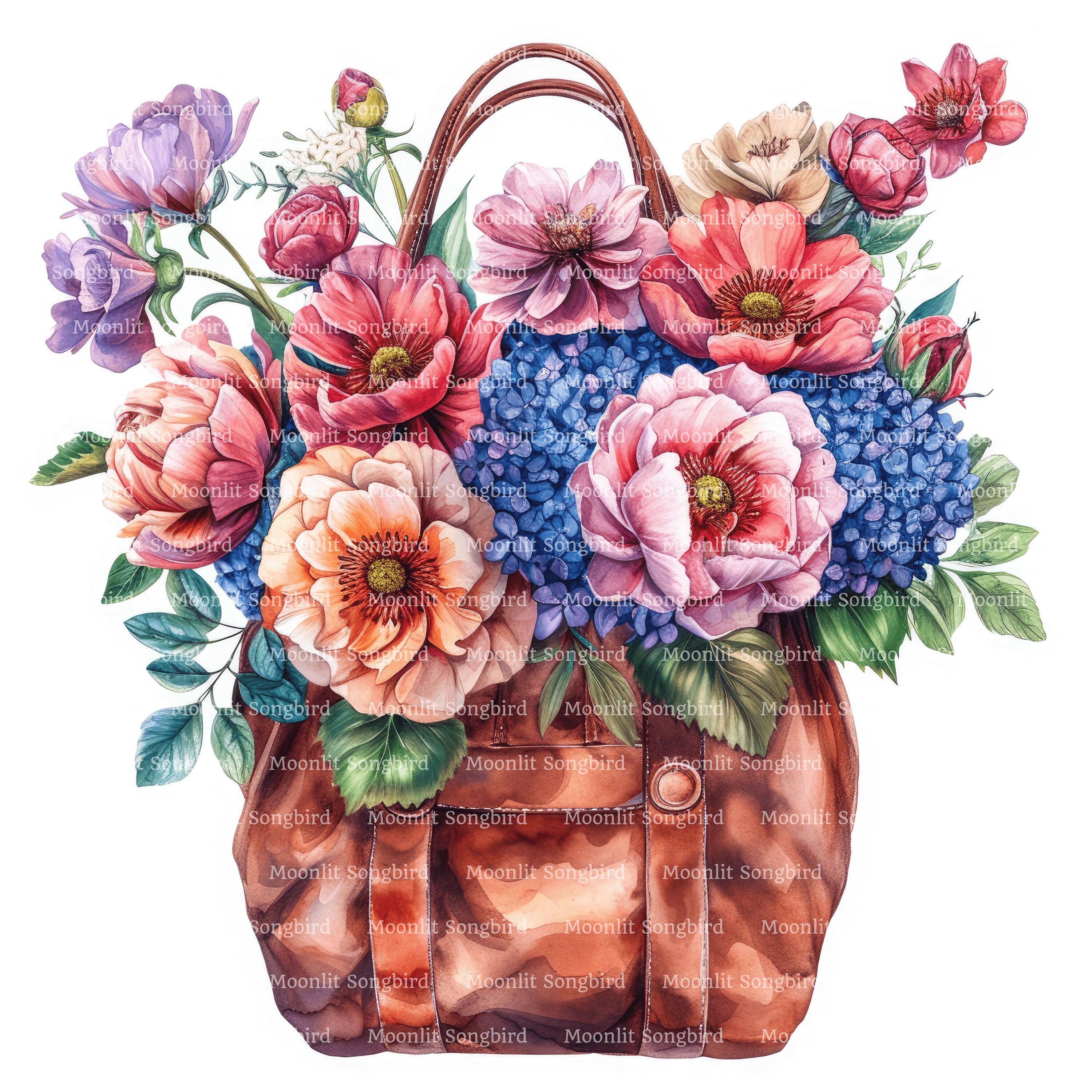 10 Flowers in Handbag Clipart, Digital Download, Printable Watercolor ...