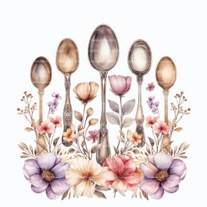 10 Vintage Spoons and Flowers Clipart, Digital Download, Printable ...