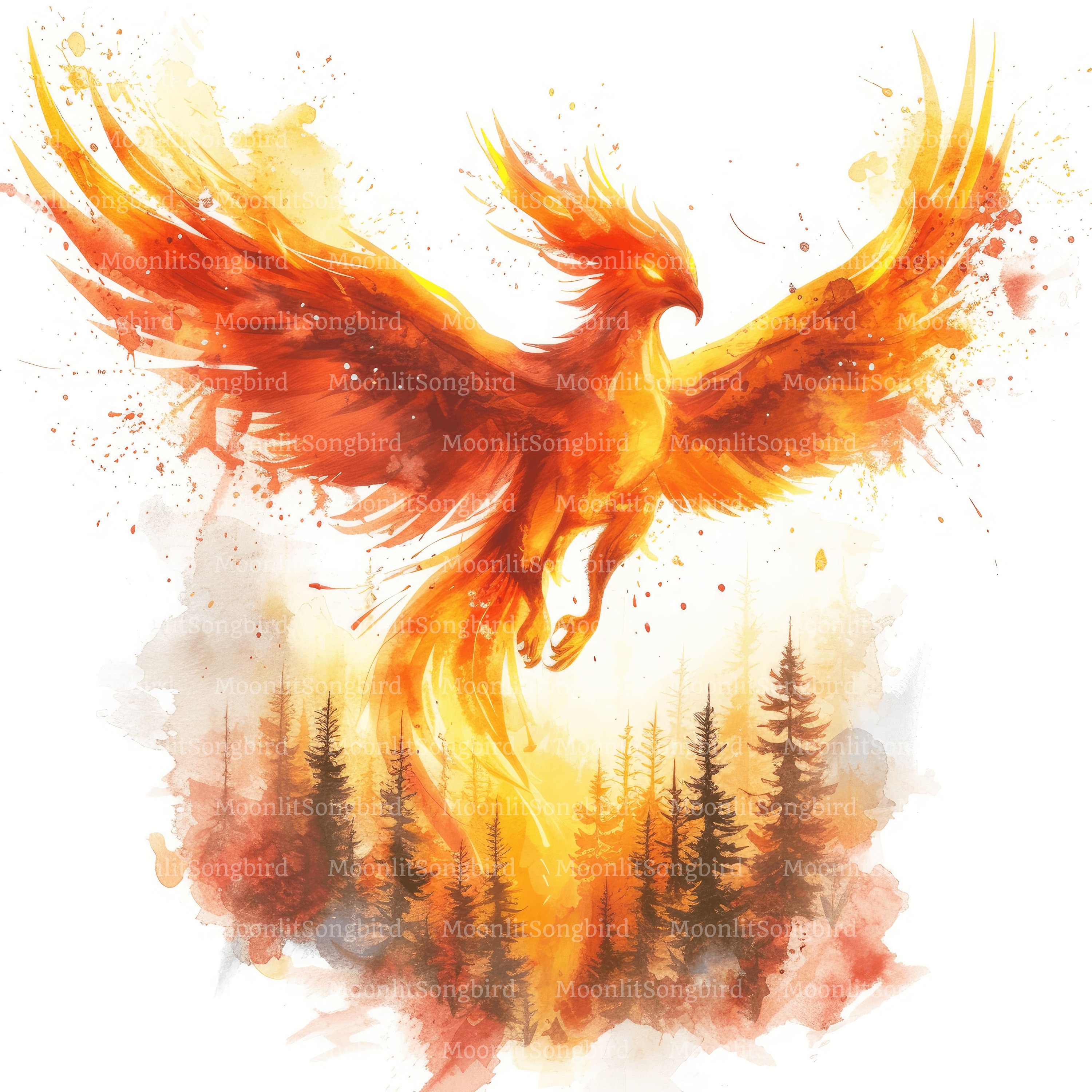 14 Phoenix in Forest Clipart, Digital Download, Printable Watercolor ...