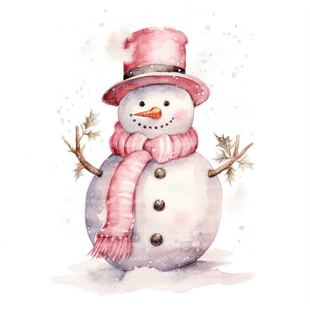 15 Pink Snowman Clipart, Digital Download, Printable Winter Watercolor ...