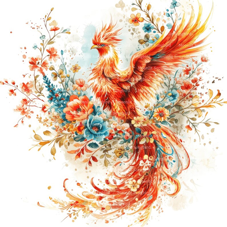 14 Floral Phoenix Clipart, Artistic Firebird, Digital Download ...