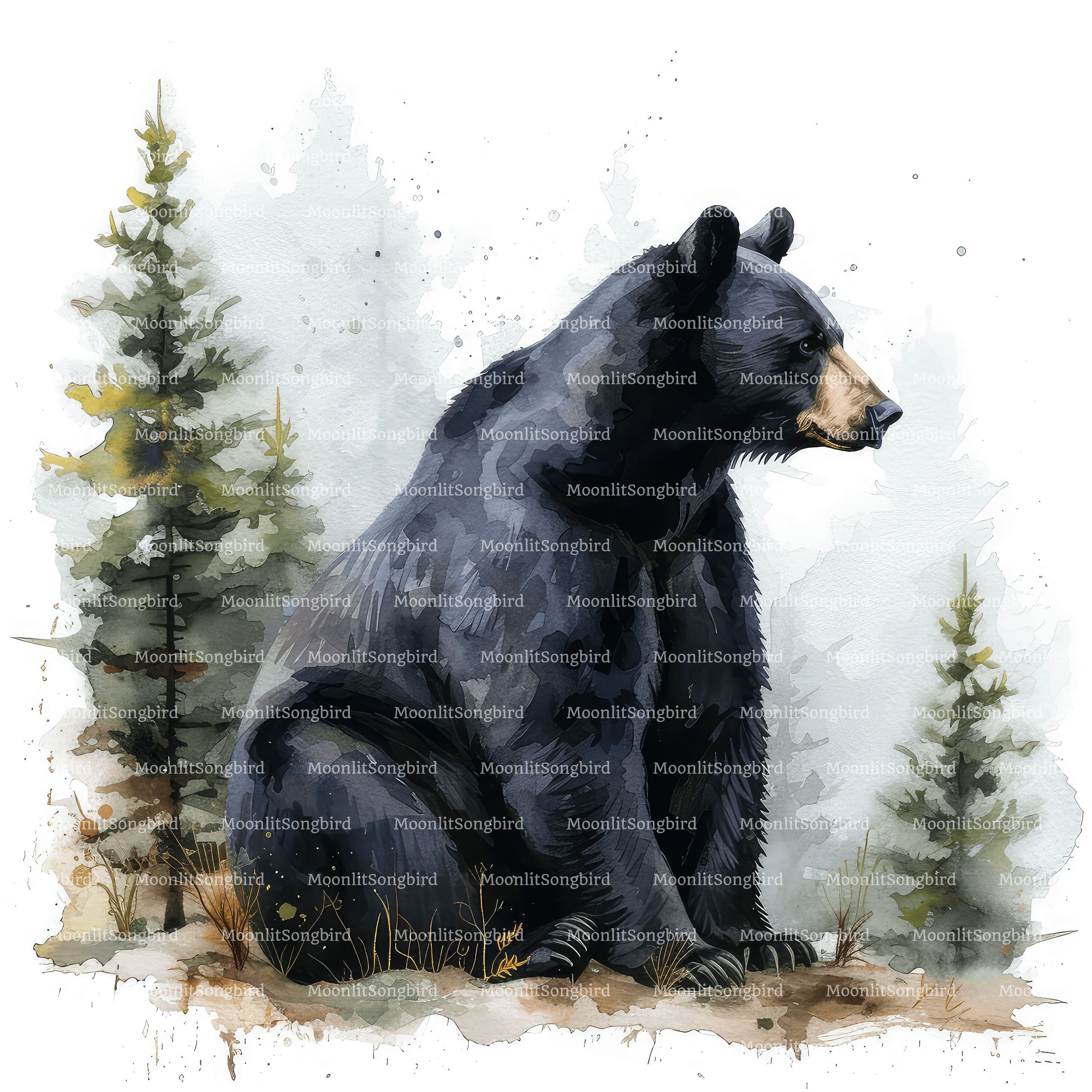 12 Black Bear in Forest Clipart, Digital Download, Printable Watercolor ...