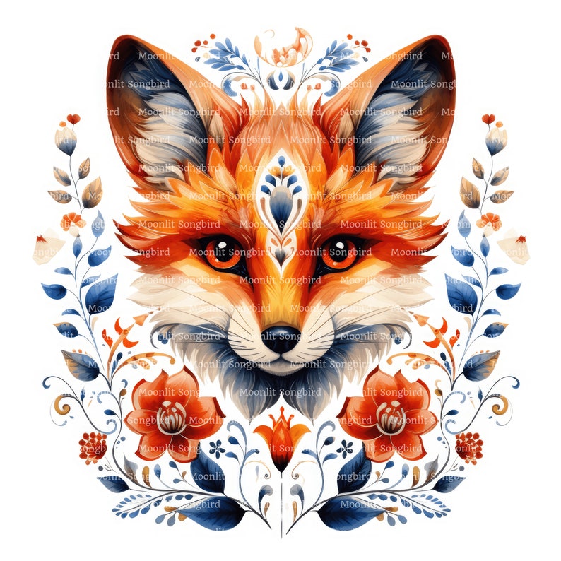 12 Fox Folk Art Clipart, Digital Download, Printable Watercolor Clipart ...