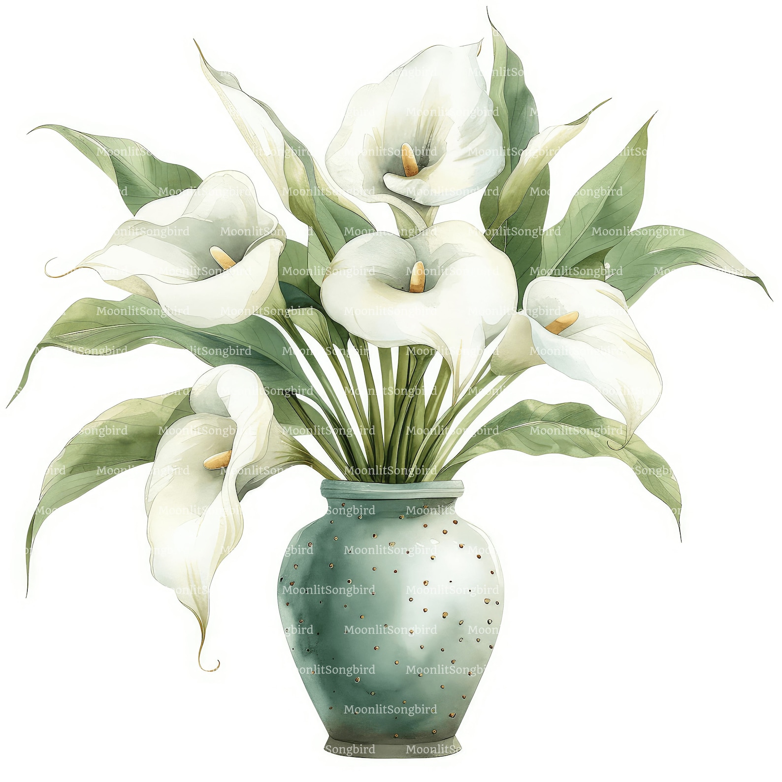 16 Calla Lilies in Vase Clipart, Digital Download, Printable Watercolor ...