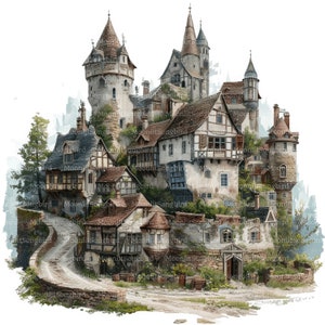 18 Medieval Walled Town Clipart, Digital Download, Printable Watercolor ...