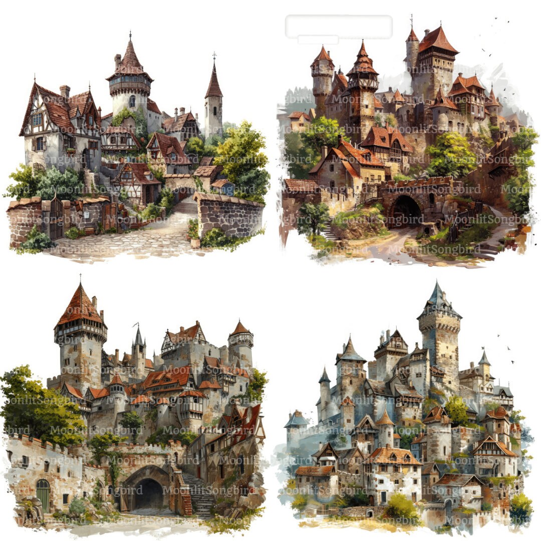 18 Medieval Walled Town Clipart, Digital Download, Printable Watercolor ...