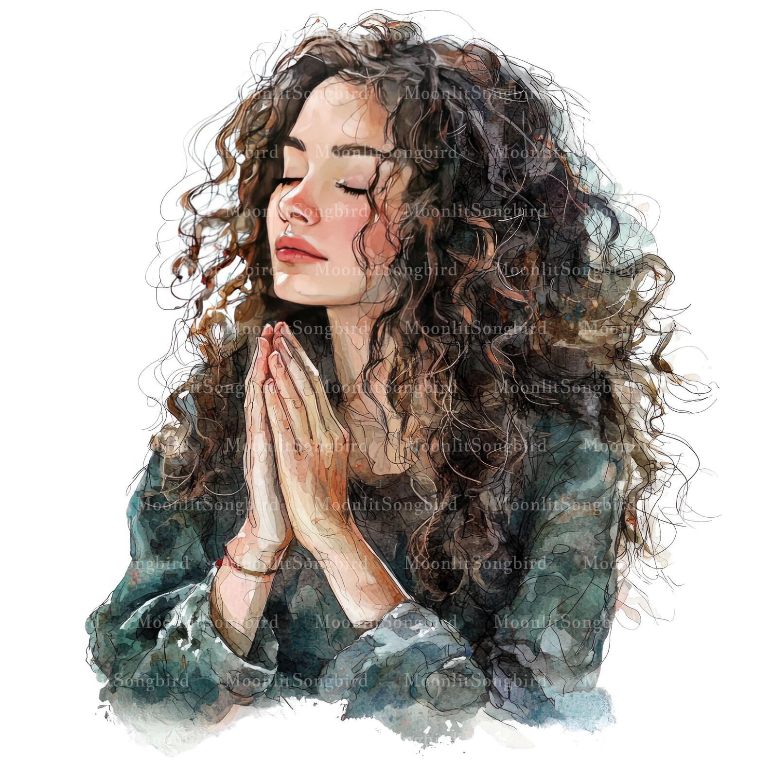 14 Woman With Curly Hair Praying Clipart, Digital Download, JPG ...