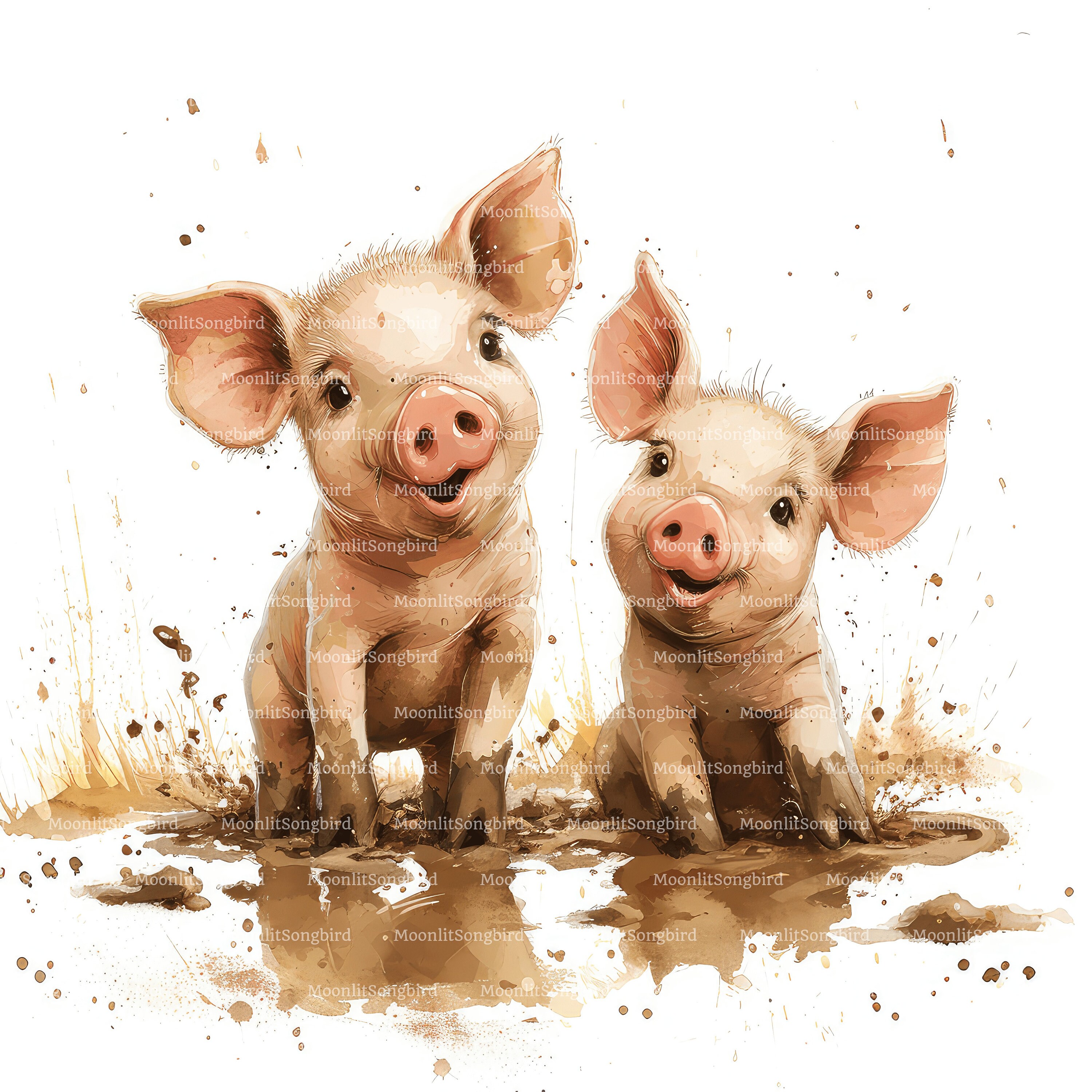 14 Piglets in Mud Clipart, Digital Download, Printable Watercolor ...