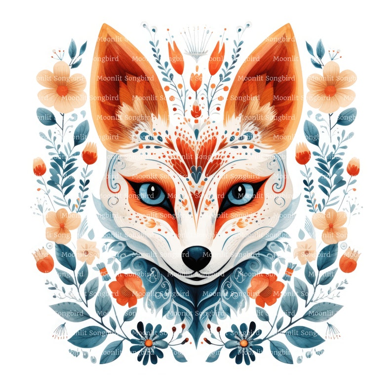 12 Fox Folk Art Clipart, Digital Download, Printable Watercolor Clipart ...