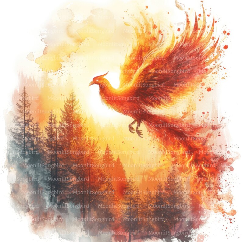 14 Phoenix in Forest Clipart, Digital Download, Printable Watercolor ...