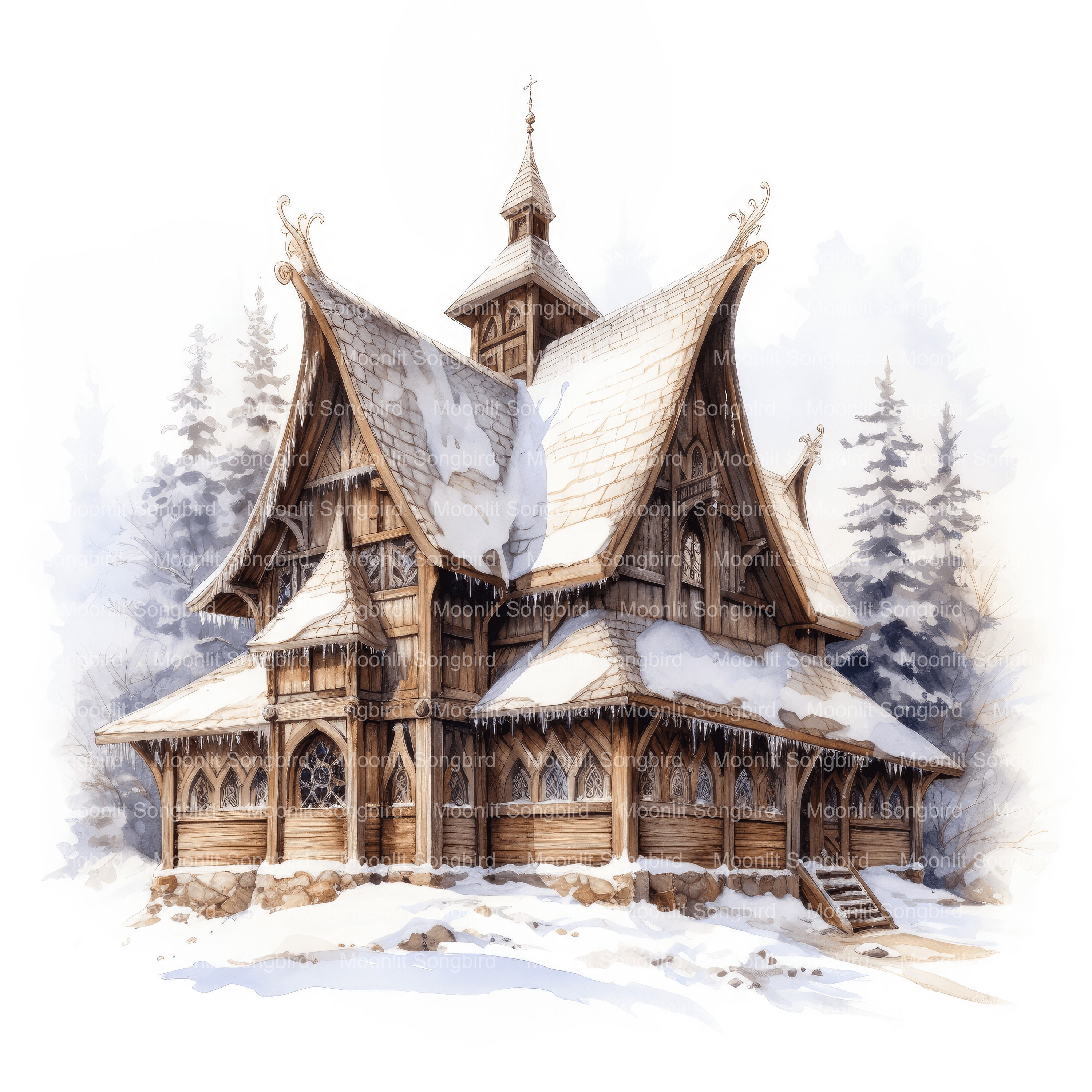12 Wooden Stave Church in Winter Clipart, Digital Download, Printable ...