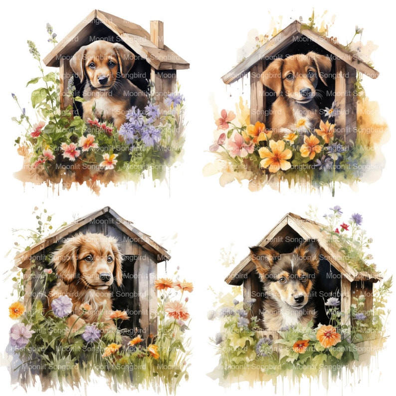 17 Puppy in Dog House Clipart, Digital Download, Printable Watercolor ...