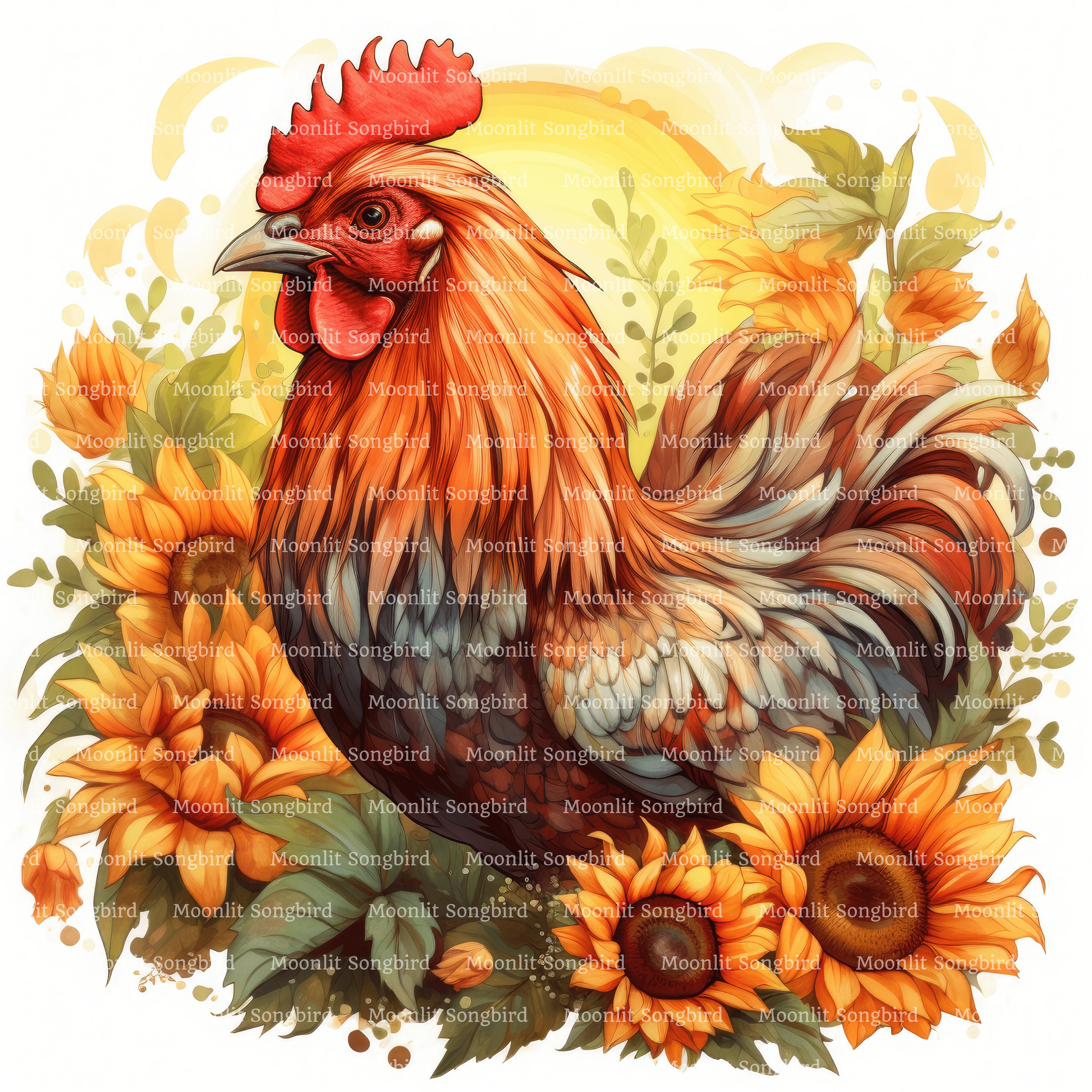 Rooster in Sunflowers Clipart, Watercolor Illustration (digital ...