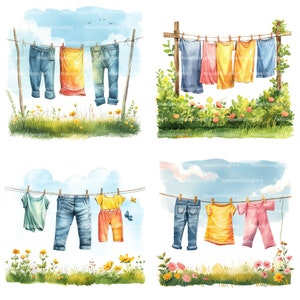 12 Laundry Drying on Clothesline Clipart, Digital Download, Printable ...