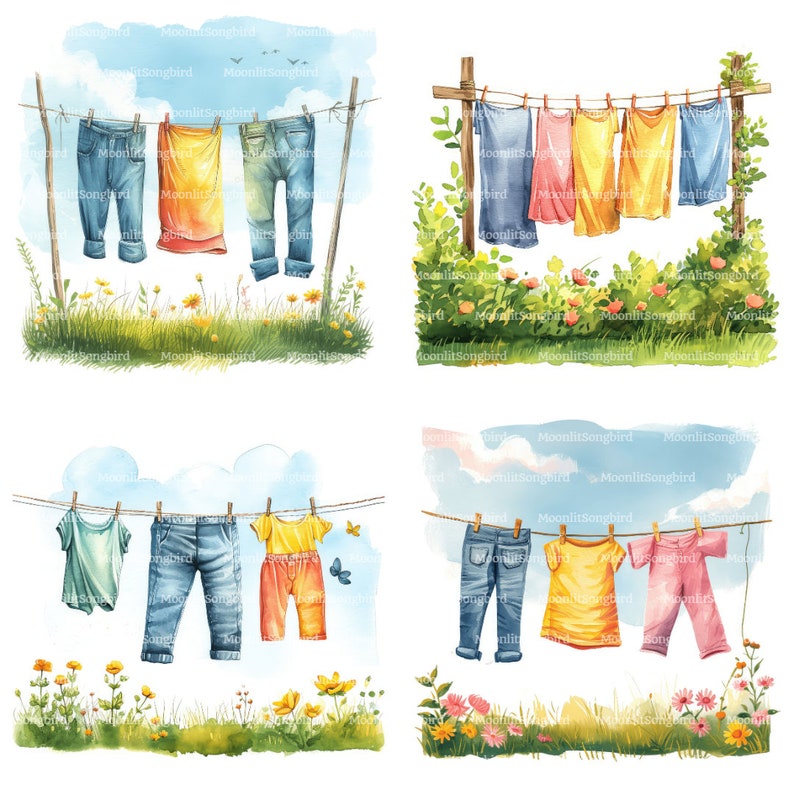 12 Laundry Drying on Clothesline Clipart, Digital Download, Printable ...