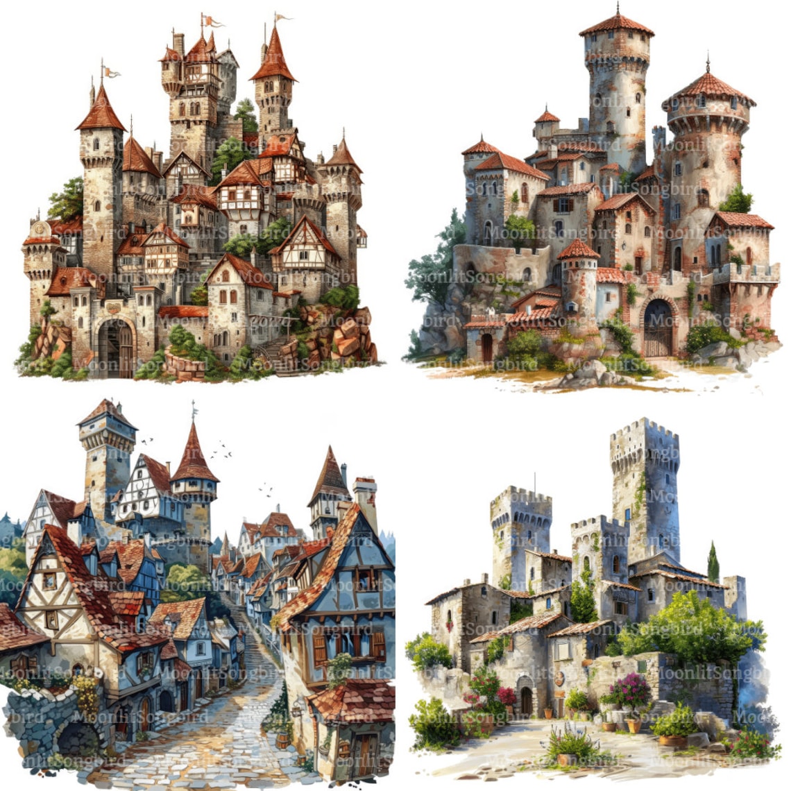 18 Medieval Walled Town Clipart, Digital Download, Printable Watercolor ...