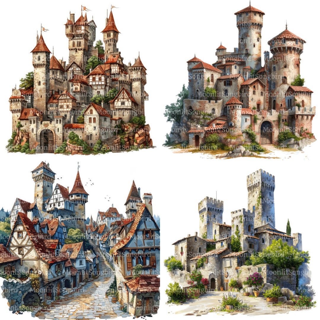 18 Medieval Walled Town Clipart, Digital Download, Printable Watercolor ...