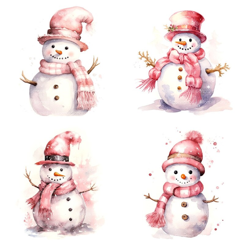 15 Pink Snowman Clipart, Digital Download, Printable Winter Watercolor ...