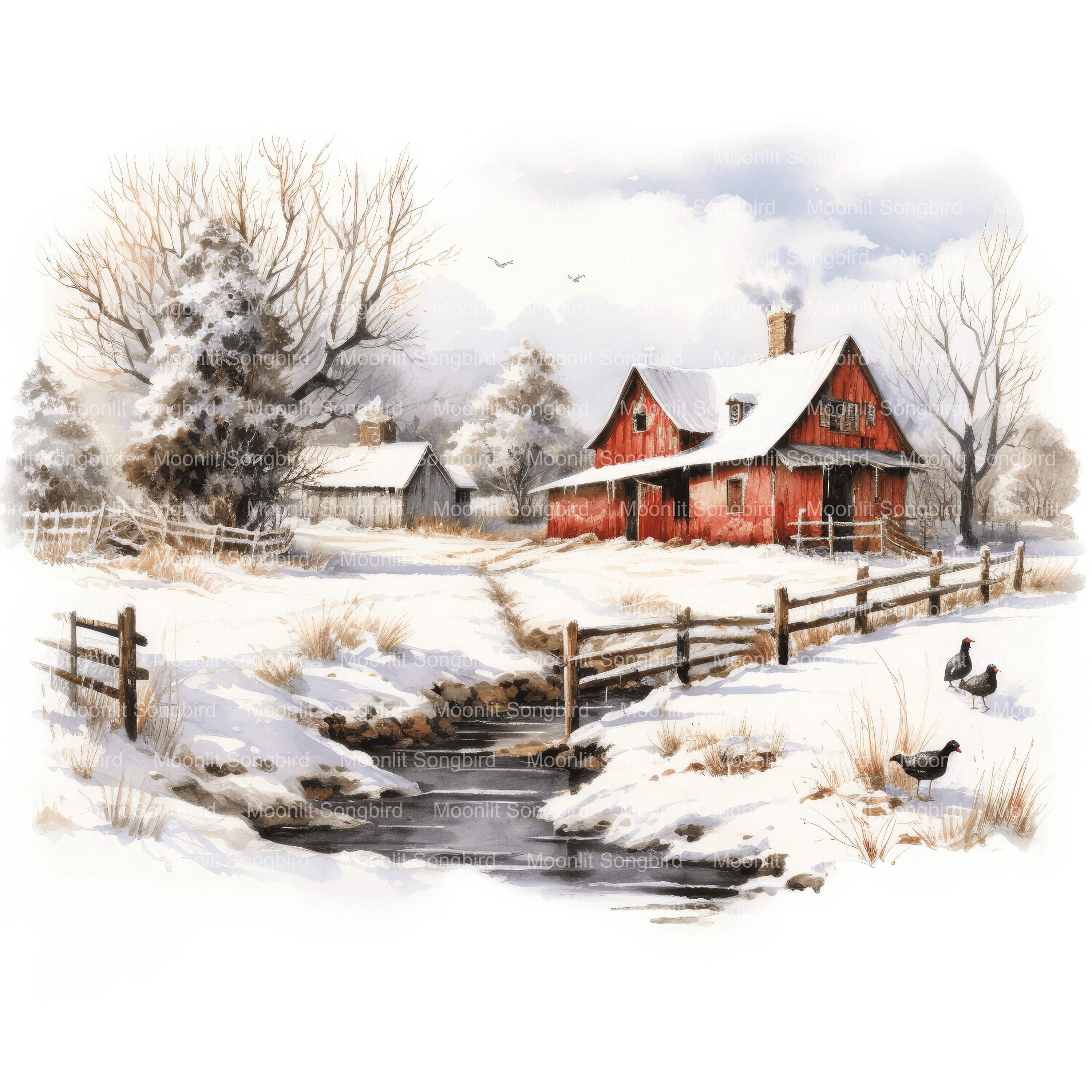 10 Farm in Winter Clipart, Digital Download, Printable Watercolor ...