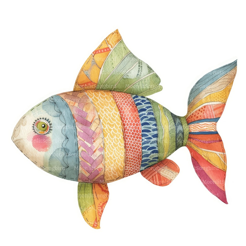 9 Patchwork Fish Clipart, Digital Download, Printable Watercolor ...