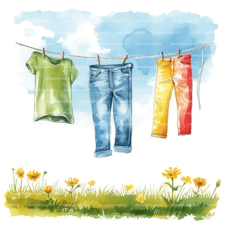 12 Laundry Drying on Clothesline Clipart, Digital Download, Printable ...
