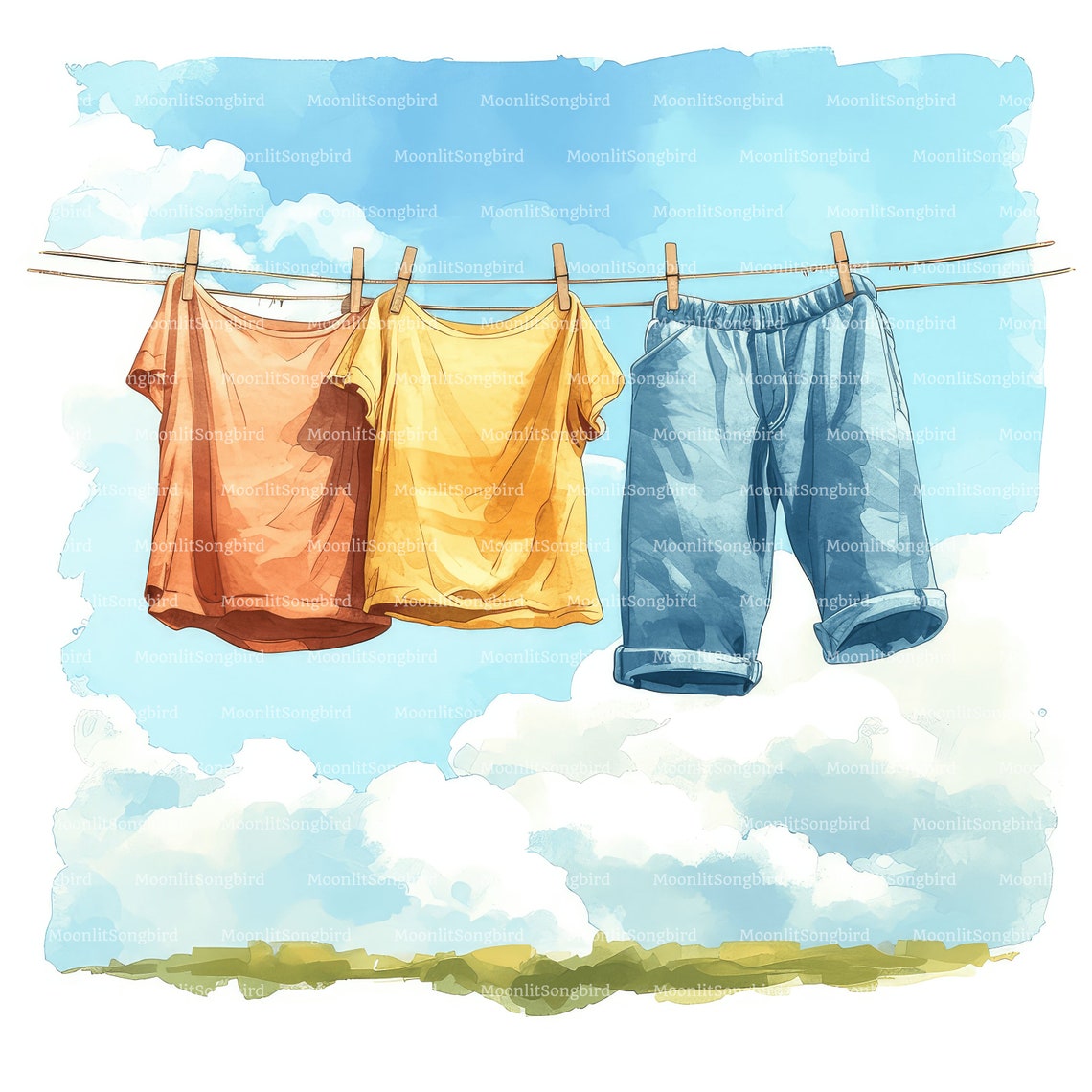 12 Laundry Drying on Clothesline Clipart, Digital Download, Printable ...