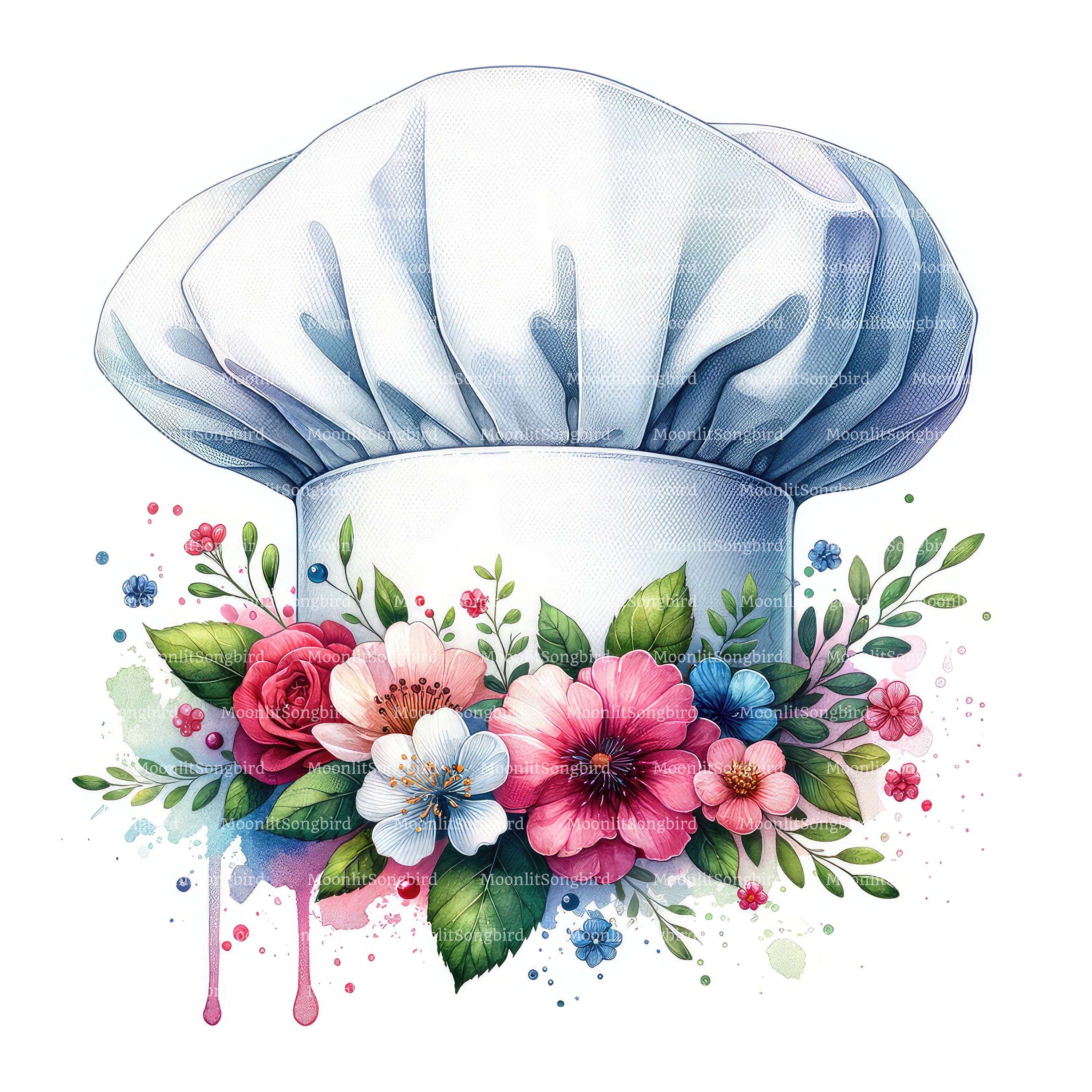 10 Floral Chef Hat Clipart, Digital Download, Printable Watercolor ...