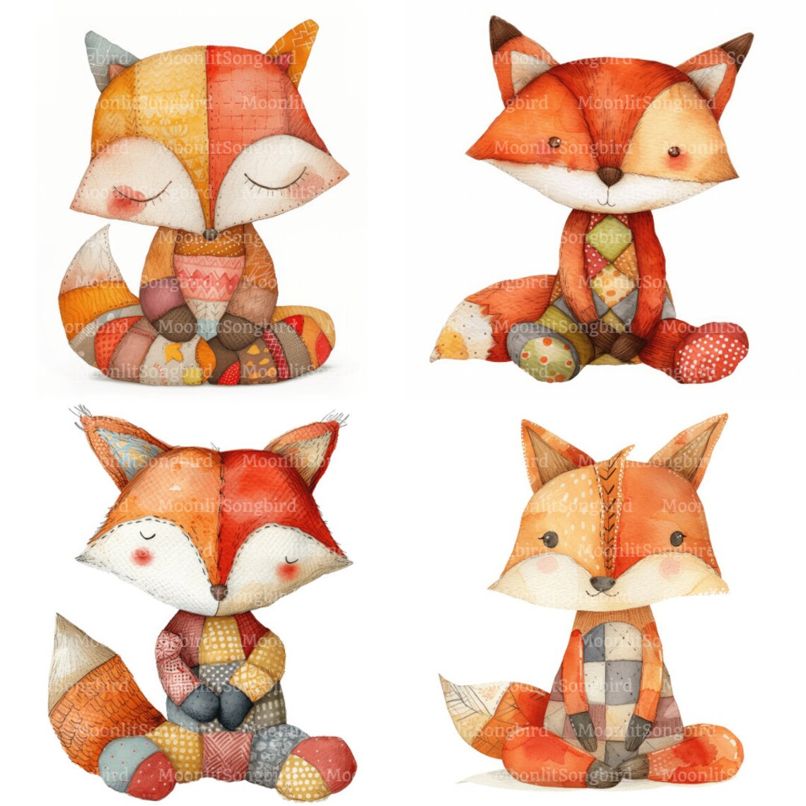 16 Patchwork Fox Clipart, Digital Download, Printable Watercolor ...
