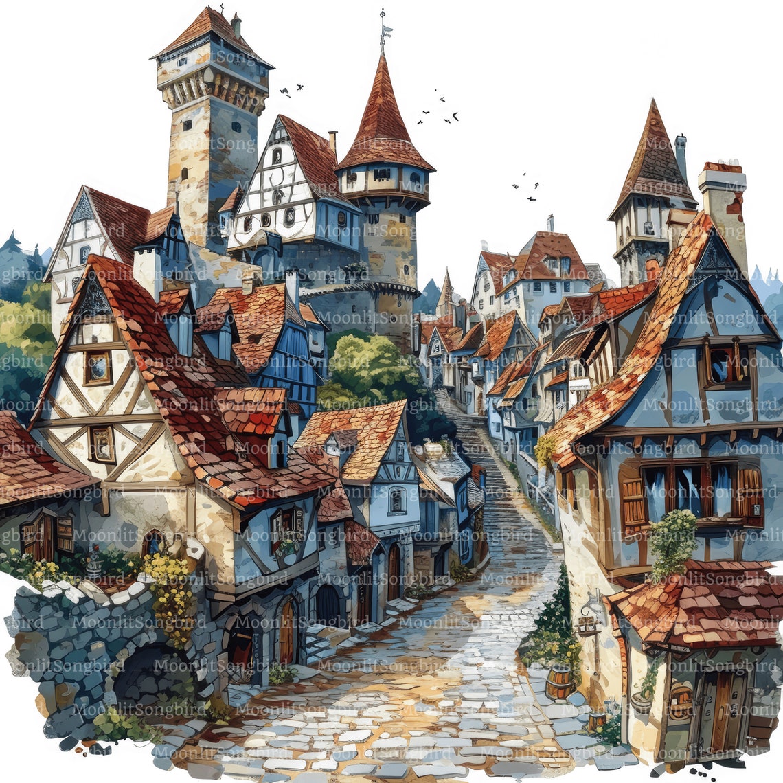 18 Medieval Walled Town Clipart, Digital Download, Printable Watercolor ...