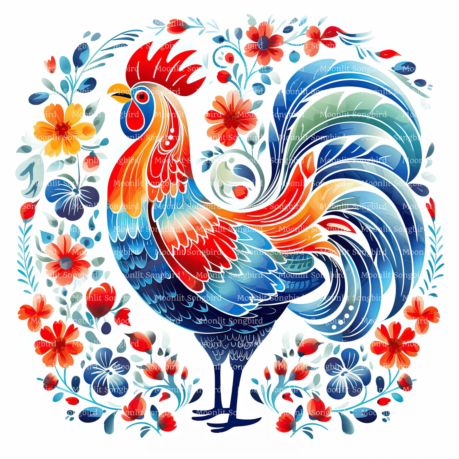 10 Folk Art Rooster Clipart, Digital Download, Printable Watercolor ...