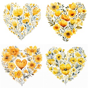16 Yellow Floral Hearts Clipart, Digital Download, Printable Watercolor ...
