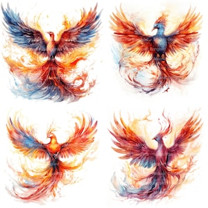 14 Fiery Phoenix Rising Clipart, Digital Download, Printable Watercolor ...
