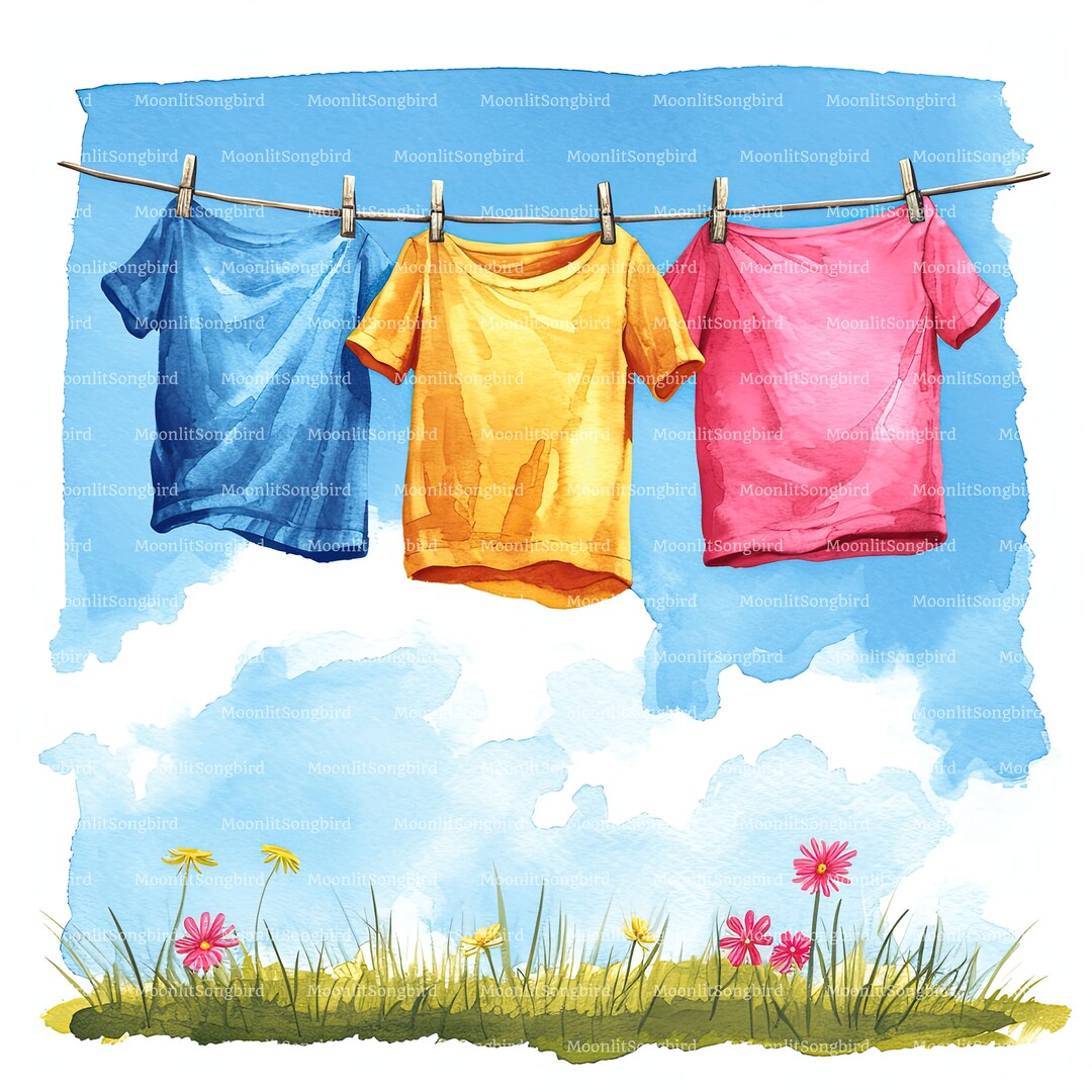12 Laundry Drying on Clothesline Clipart, Digital Download, Printable ...